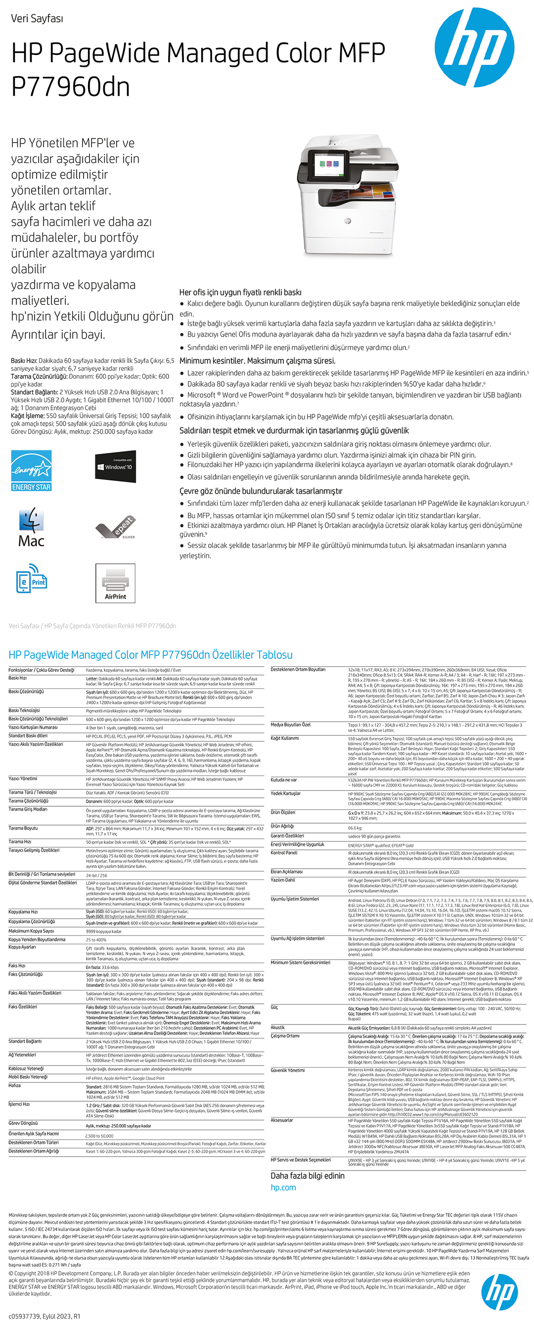 HP Y3Z63A PageWide Managed Color MFP P77960dn A3 Renkli Fotokopi Makinesi Lazer Yazıcılar HP A Grade
